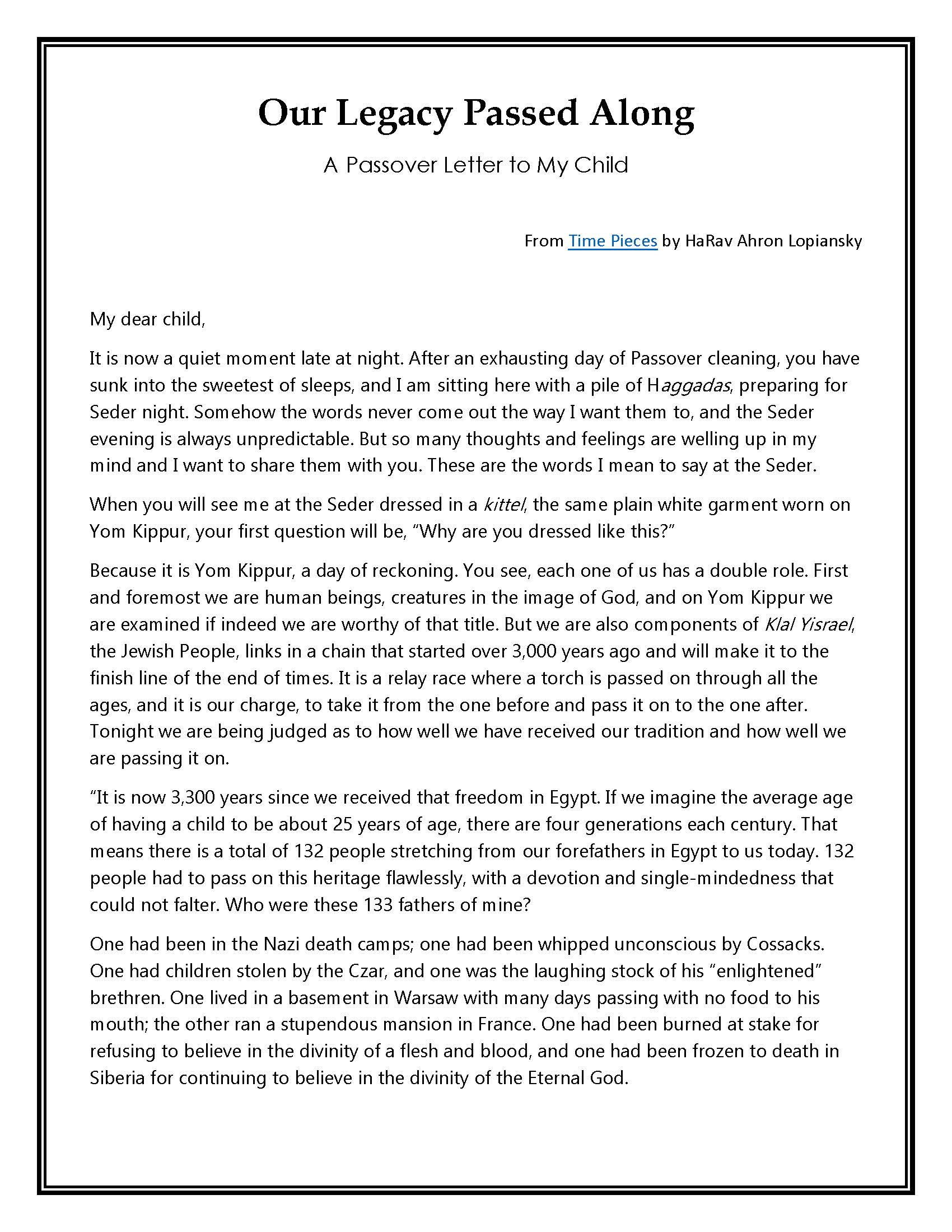 📄 Our Legacy Passed Along – Shiurim of Rav Aaron Lopiansky